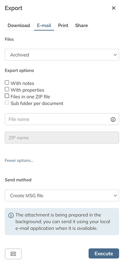 Exporting documents from Xtendis 7 (downloading, printing, e-mailing, sharing) – Home